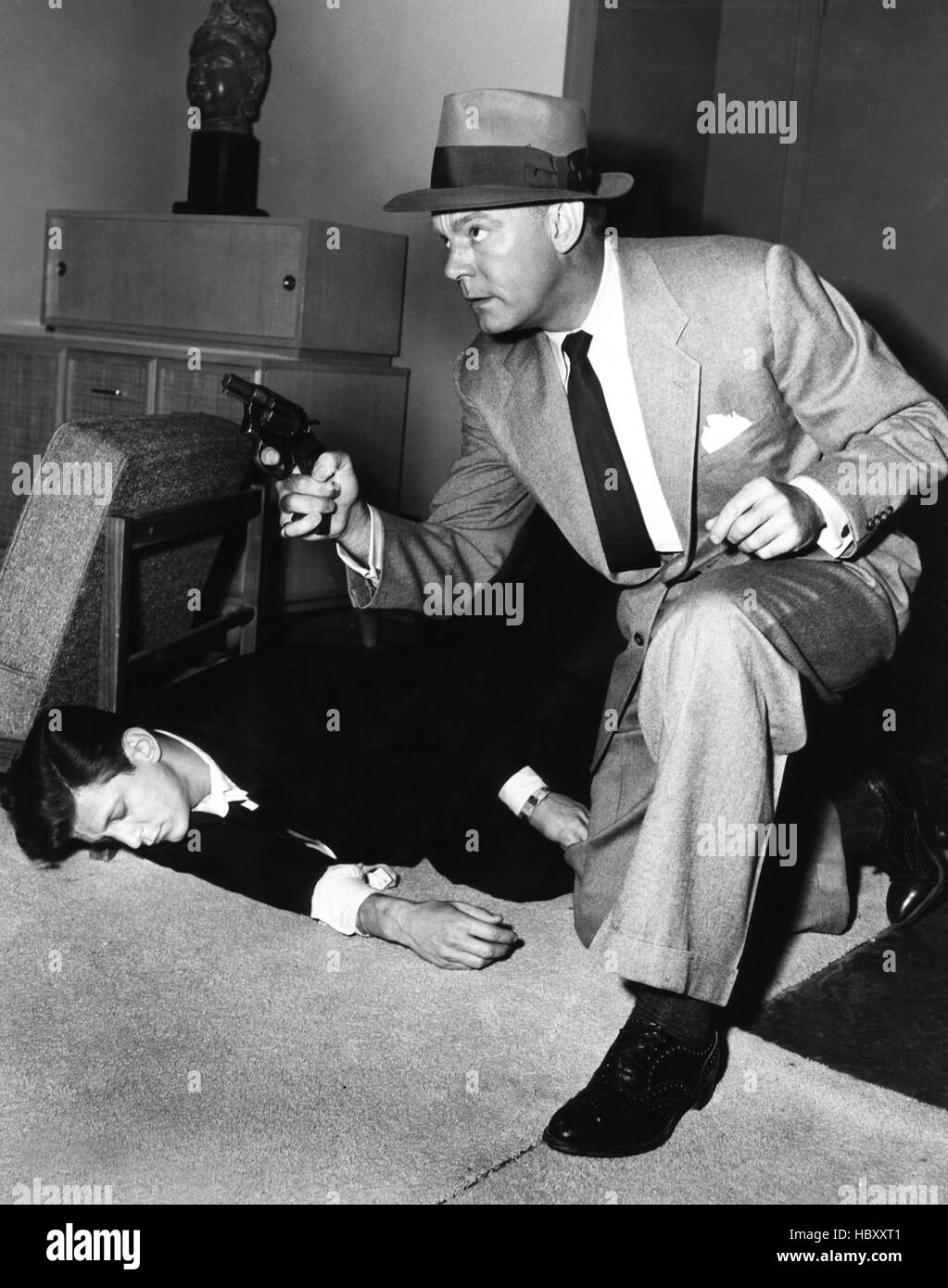 INSIDE DETROIT, from left: Mark Damon, Dennis O'Keefe, 1956 Stock Photo ...