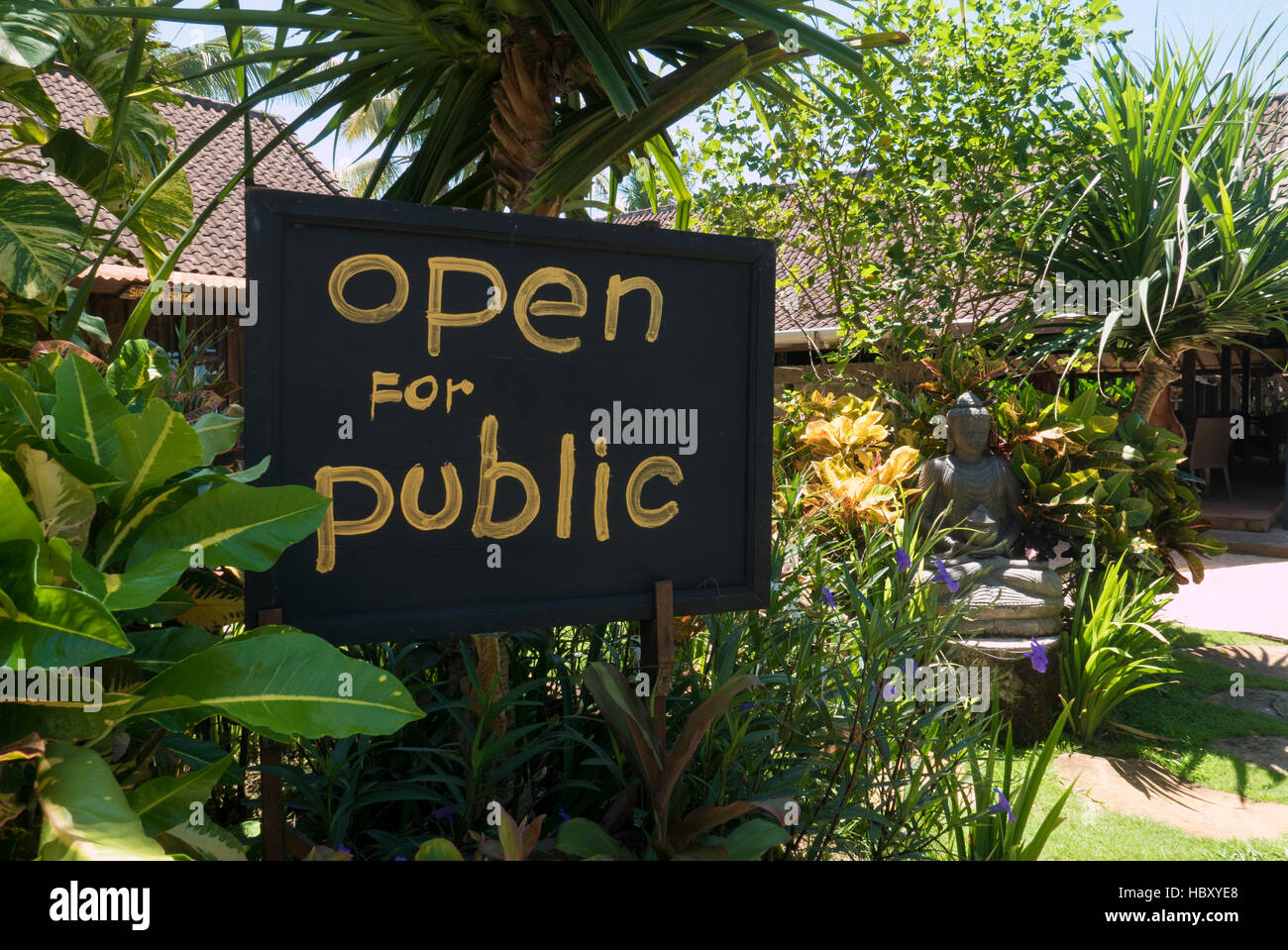 Welcome sign board with statue of buddha, Ubud in Indonesia Stock Photo ...