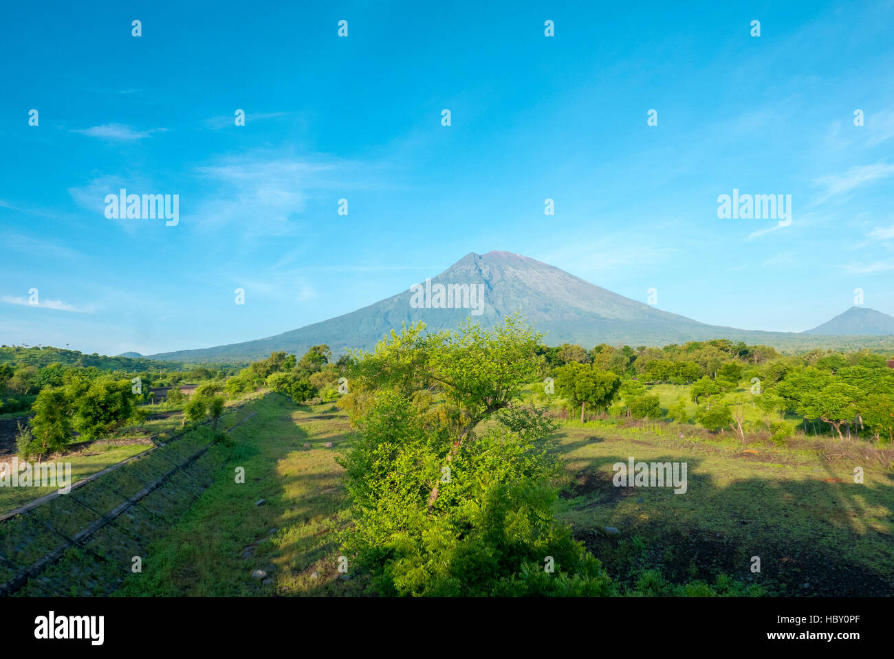Volcano Gunung Agung with clear blue sky from Amed in Bali, Indonesia ...