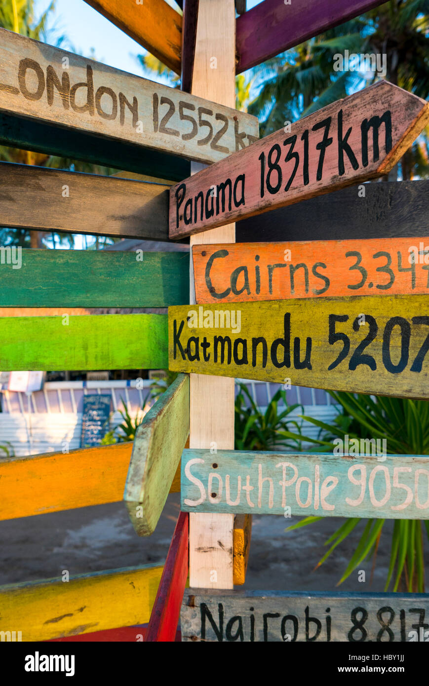 Directional wooden signs to different famous destination of the world ...