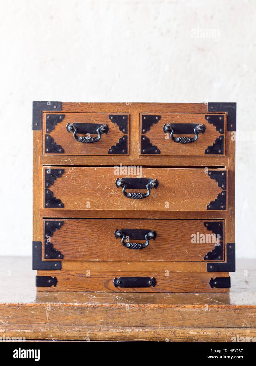 Asian antique wooden miniature drawer on the antique table Stock Photo ...