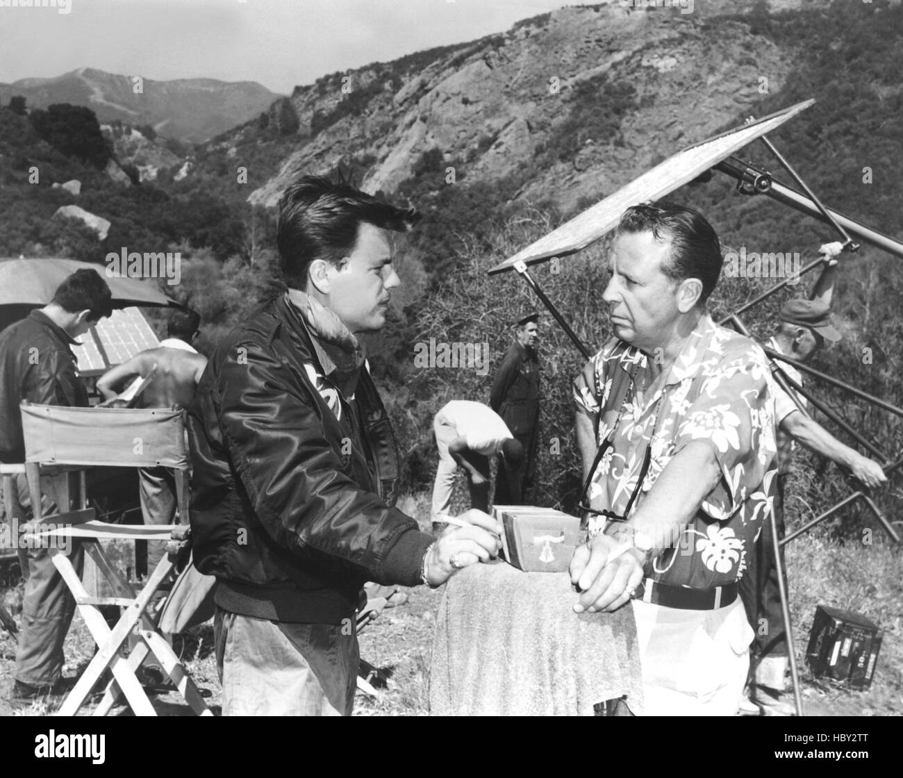 THE HUNTERS, Robert Wagner, director Dick Powell, 1958, candid on set ...