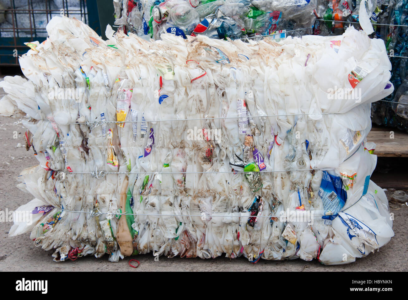 Compacted plastic is ready for recycle in Missoula, Montana Stock Photo ...