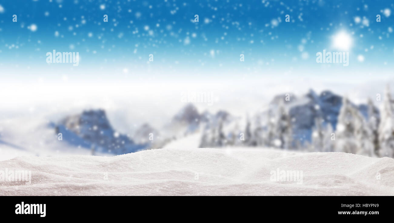 Beautiful winter panorama with fresh powder snow on foreground ...