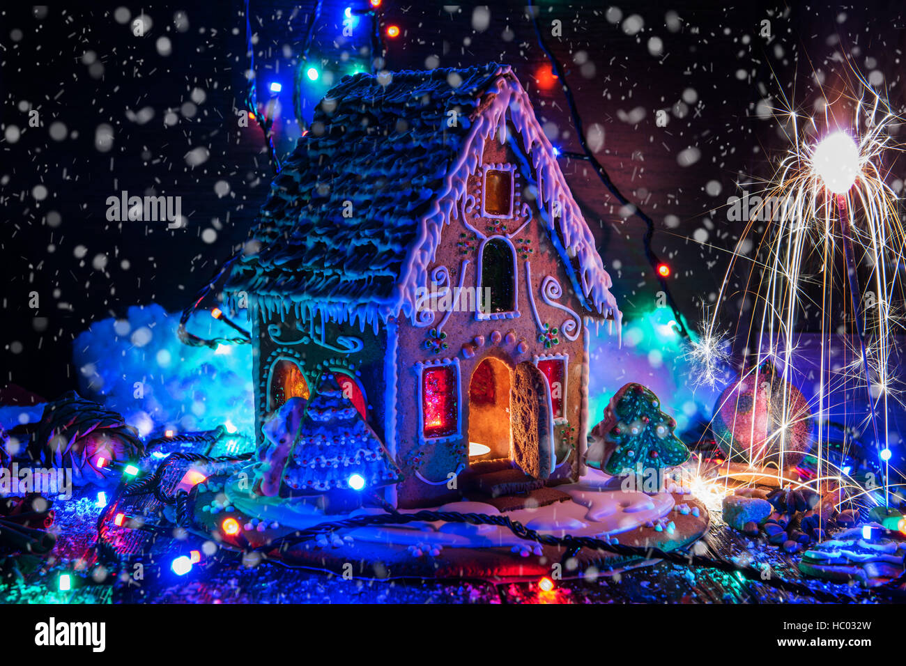 Gingerbread house with lights Stock Photo - Alamy