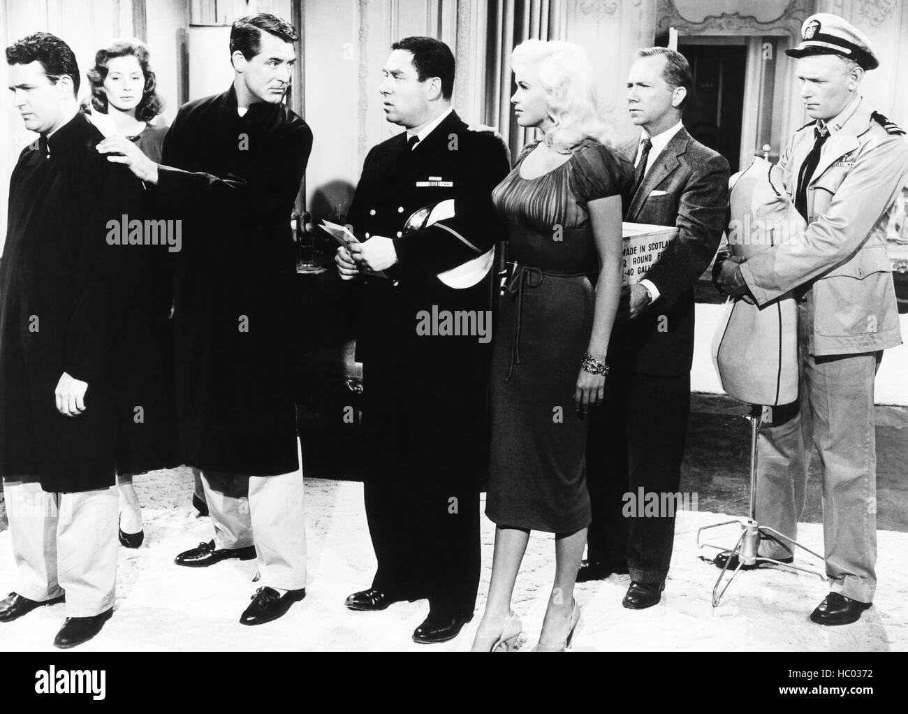 KISS THEM FOR ME, from left: Larry Blyden, Suzy Parker, Cary Grant ...