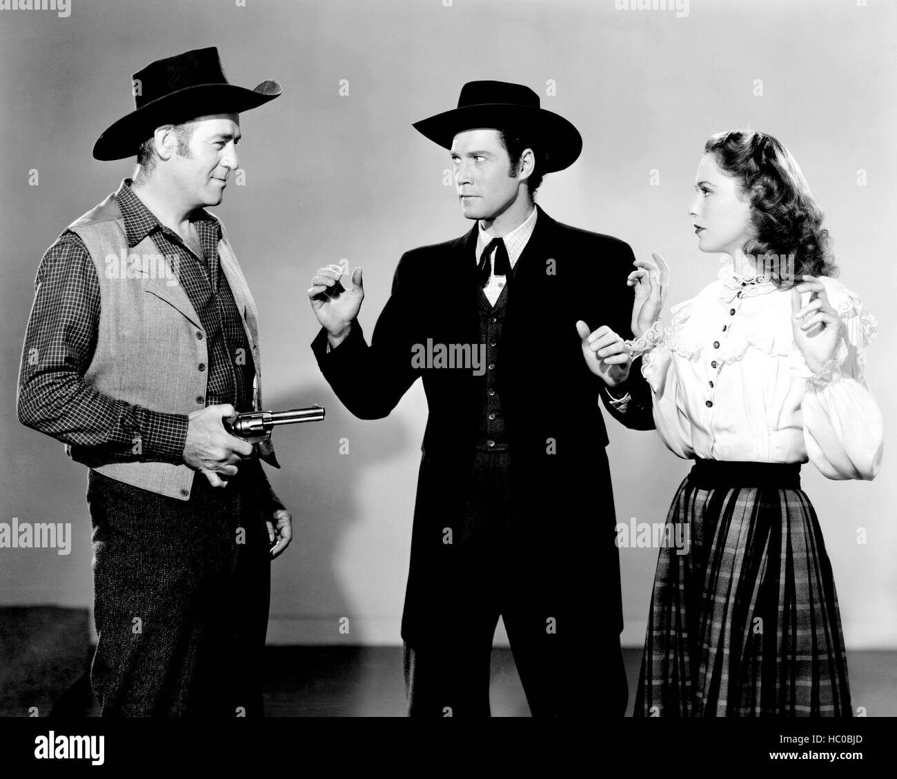 JESSE JAMES RIDES AGAIN, from left, Roy Barcroft, Clayton Moore, Linda ...