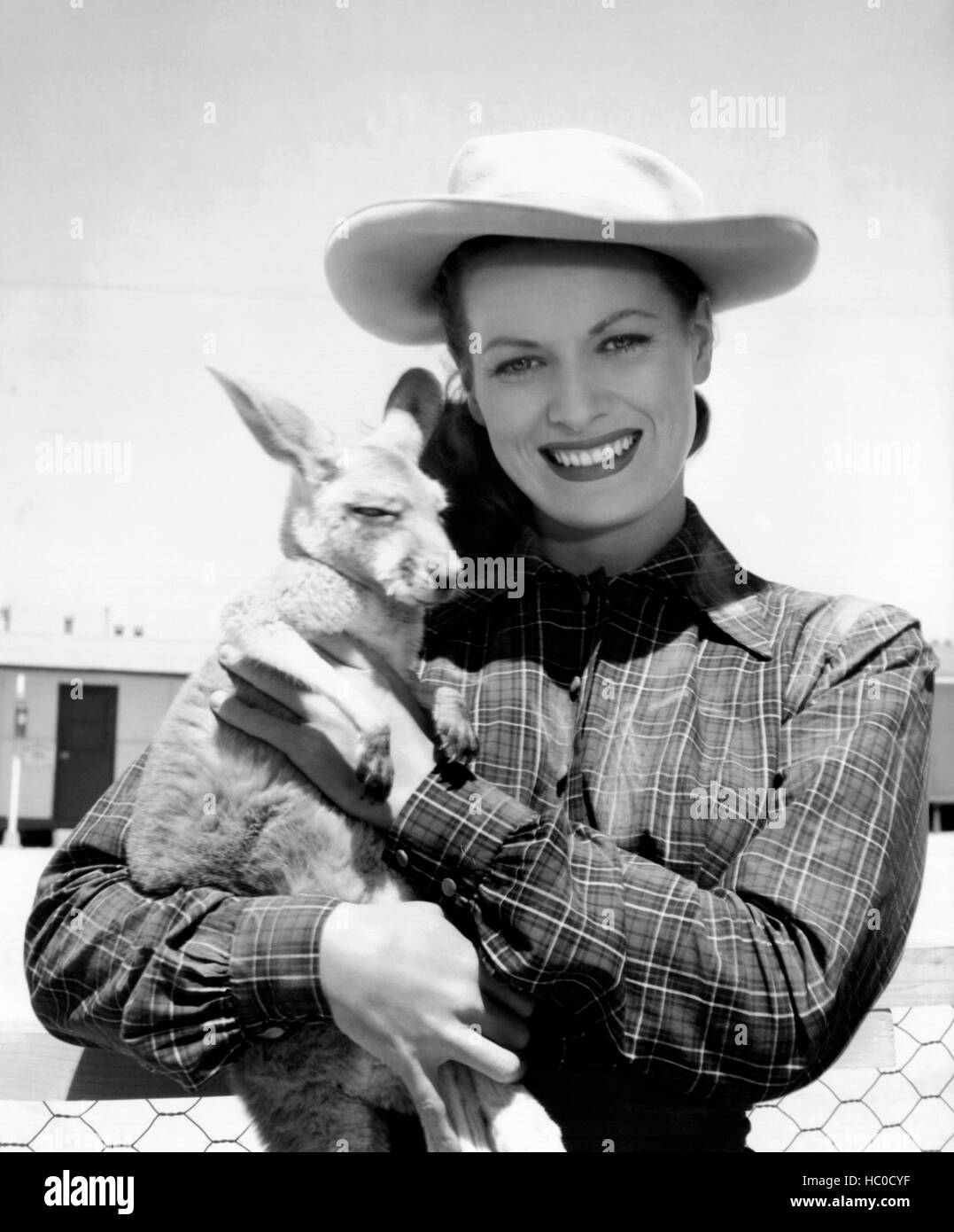 KANGAROO, Maureen O'Hara, cuddling the titular animal while on location ...