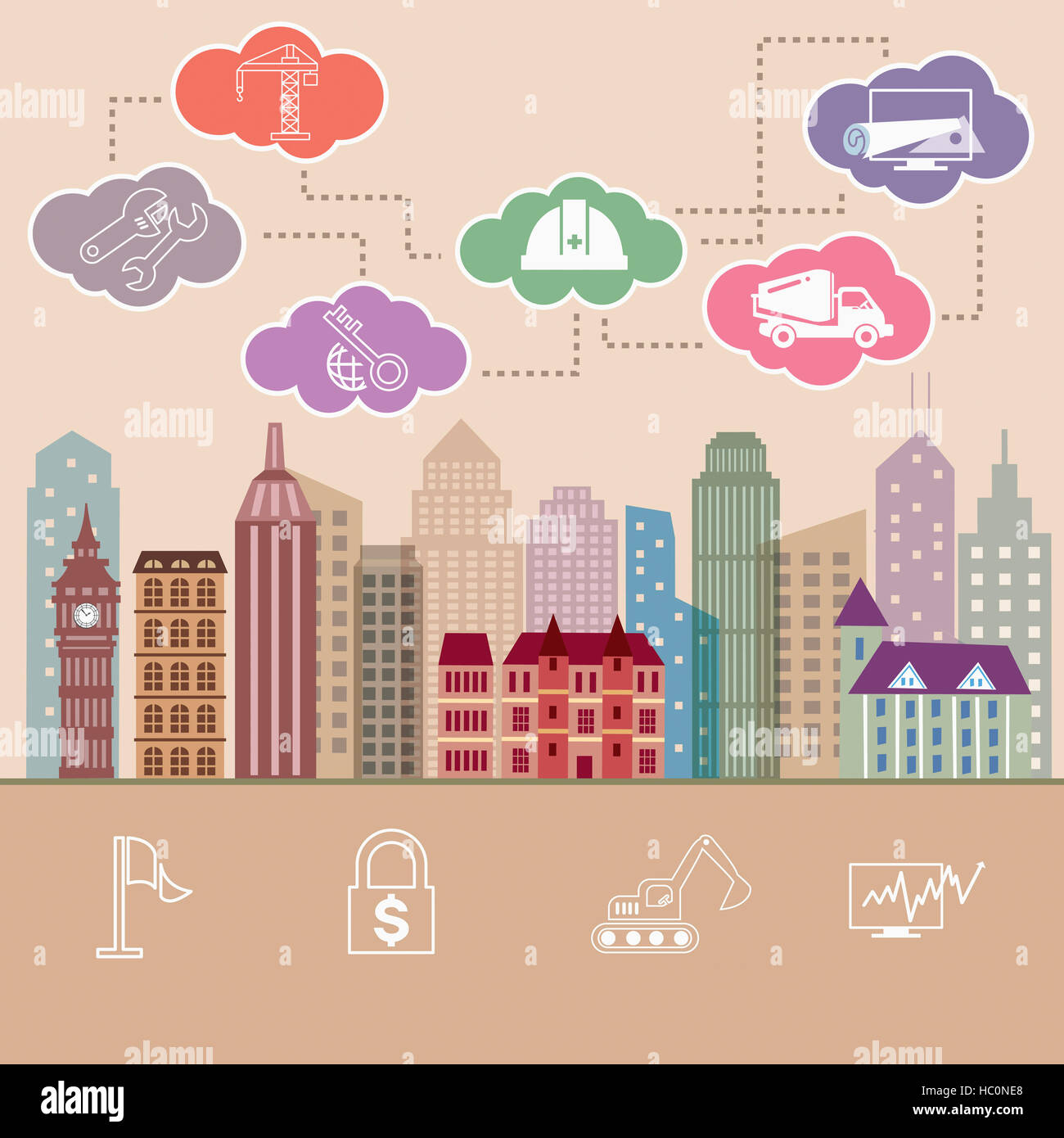 Skyscrapers and infographic icons related to construction Stock Photo ...