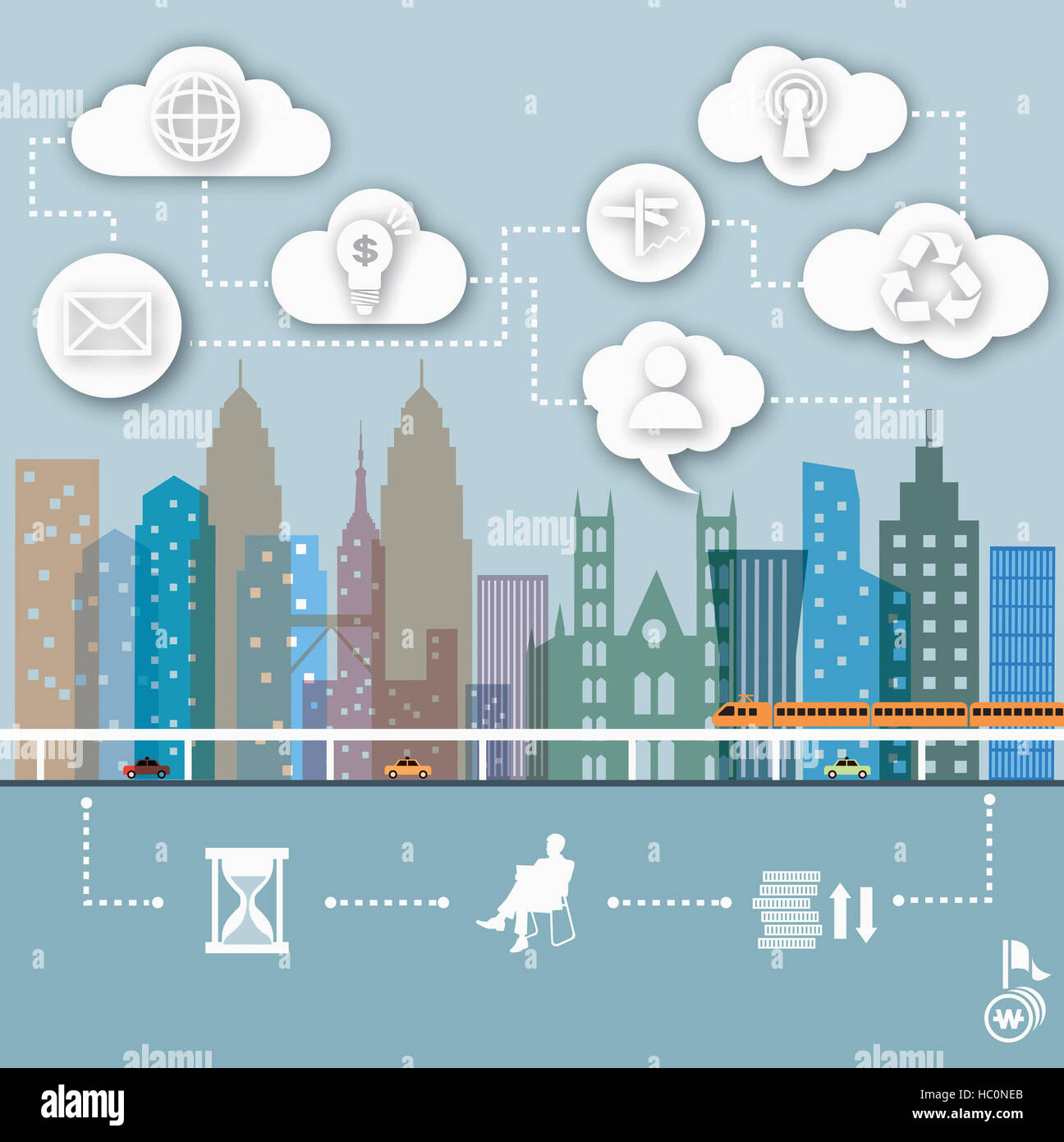 Skyscrapers and various infographic icons in clouds related to business ...