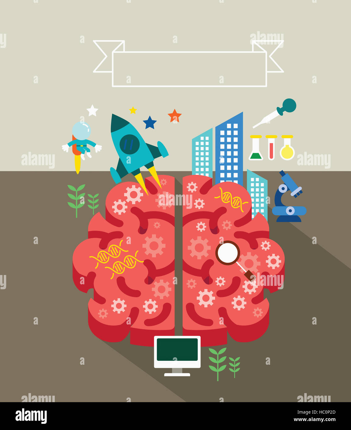 Infographic illustration of human brain with icons related to science ...