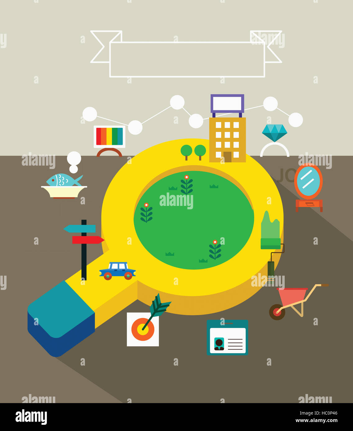 Infographic icon of magnifying glass with various icons Stock Photo - Alamy