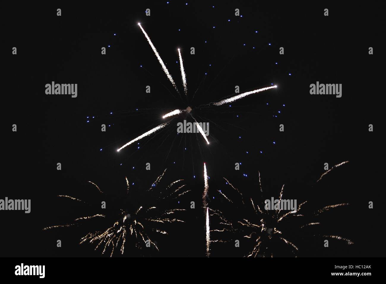 Shiny natural fireworks on dark sky background with little smoke Stock ...