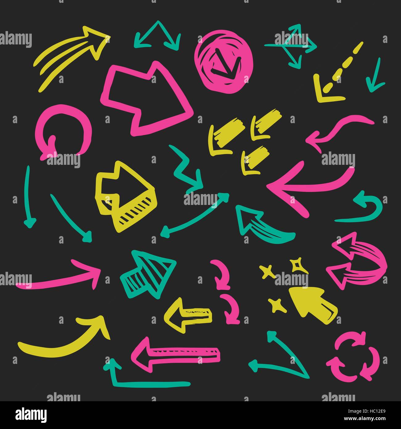 attractive doodle style arrows set isolated on black background Stock ...