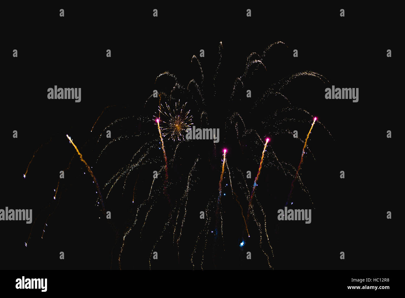 Shiny natural fireworks on dark sky background with little smoke Stock ...
