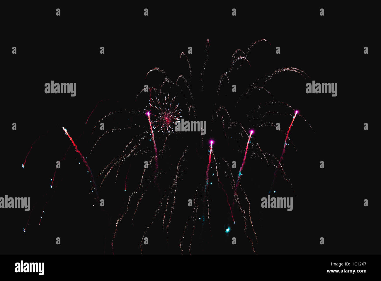 Shiny natural fireworks on dark sky background with little smoke Stock ...