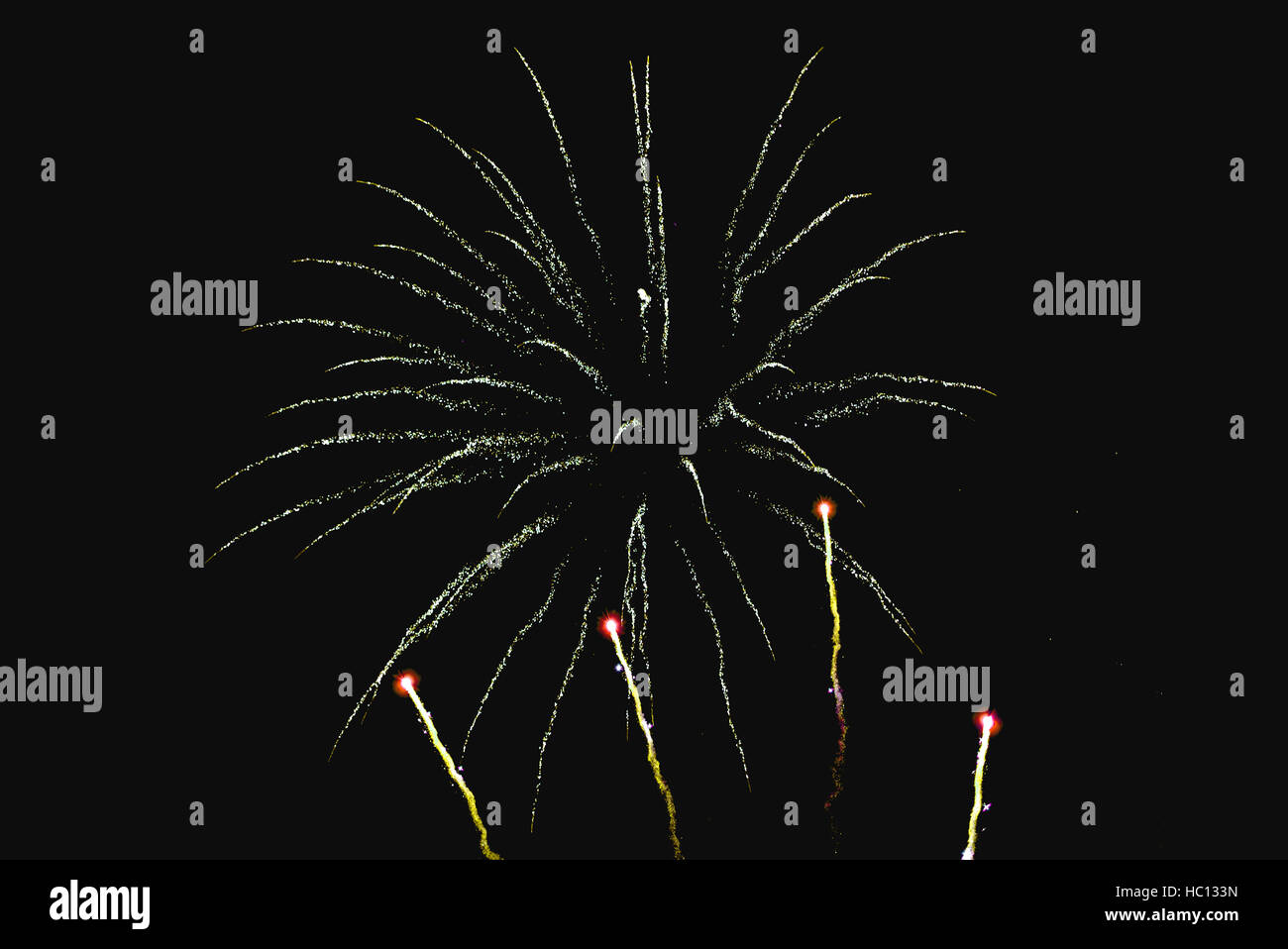 Shiny natural fireworks on dark sky background with little smoke Stock ...