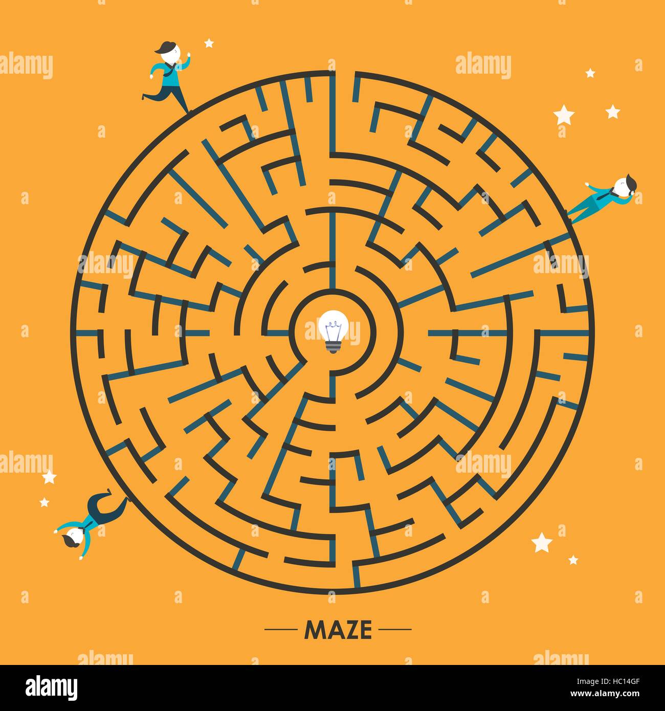 creative circular maze with bulb and businessman elements over yellow ...
