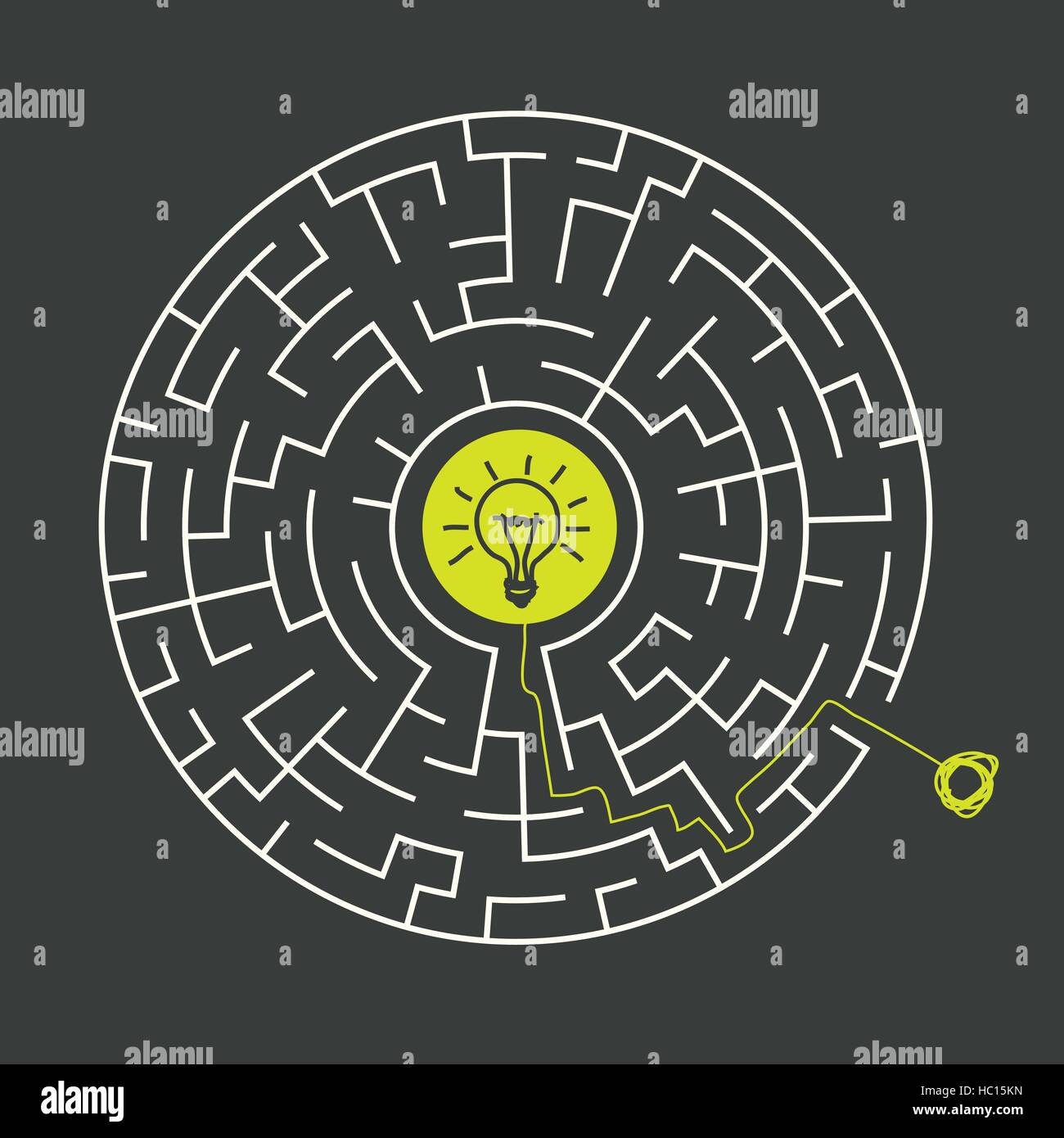 lovely circular maze with lighting bulb isolated on dark background ...