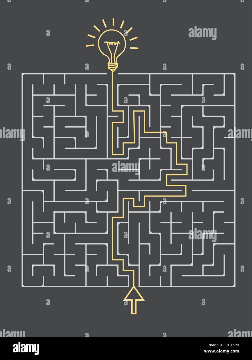 lovely square maze with lighting bulb isolated on dark background Stock ...