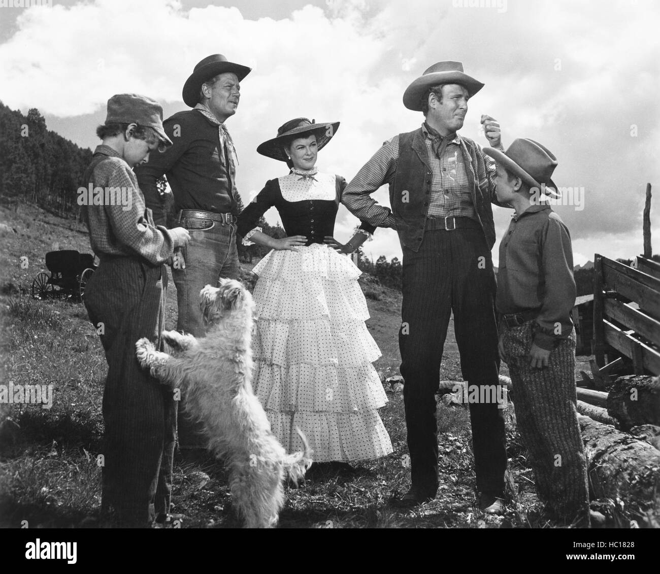 THE LONE HAND, from left: Jimmy Hunt, Joel McCrea, Barbara Hale ...