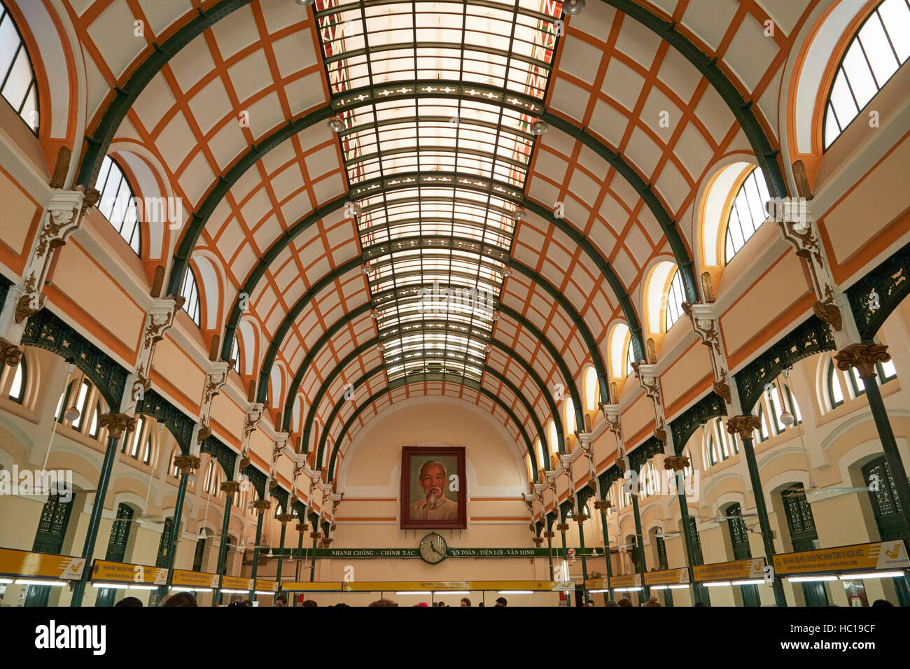 Portrait of Ho Chi Minh and ceiling inside historic Central Post Office ...