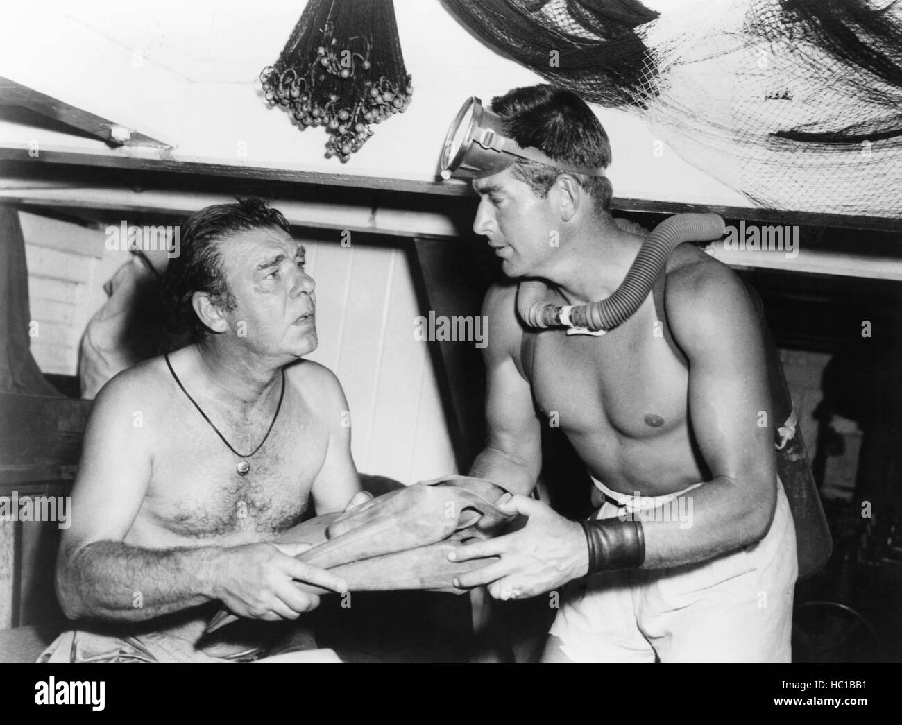 MANFISH, from left, Lon Chaney, Jr., John Bromfield, 1956 Stock Photo ...