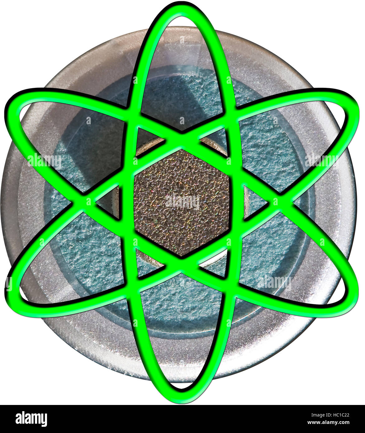 Atom symbol over AA cell (battery) top positive terminal Stock Photo ...