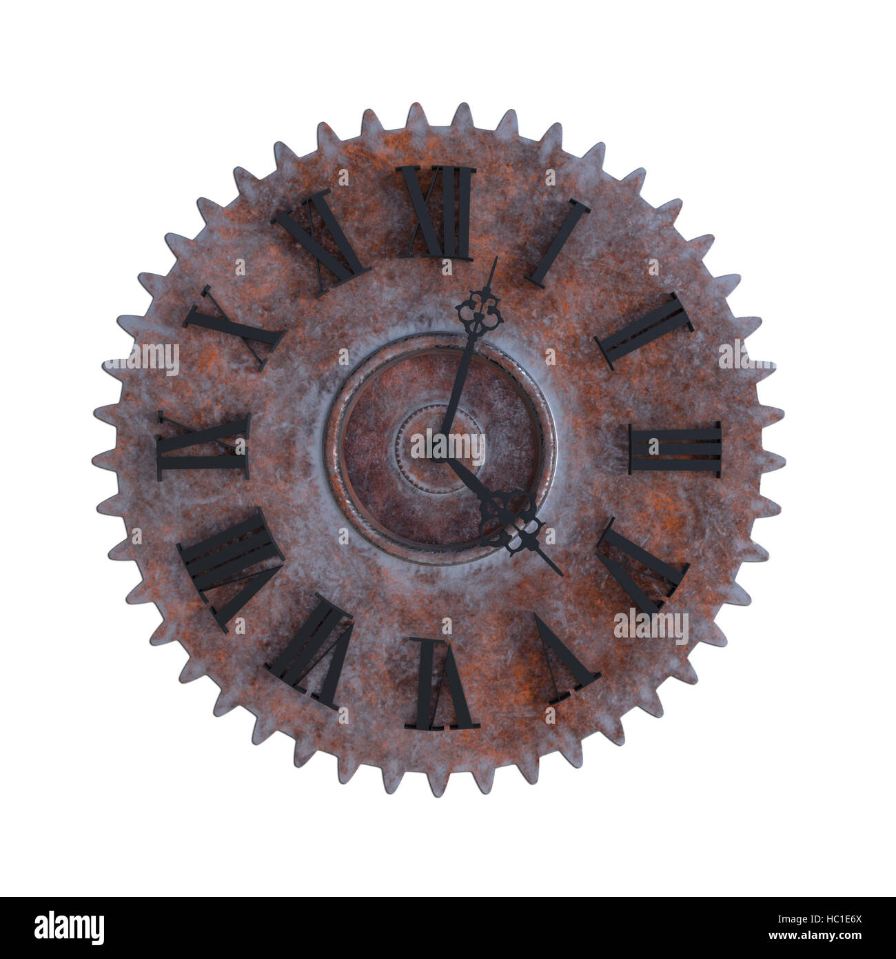 3d rendering of clock face rusty stained clockwork cog shaped Stock ...
