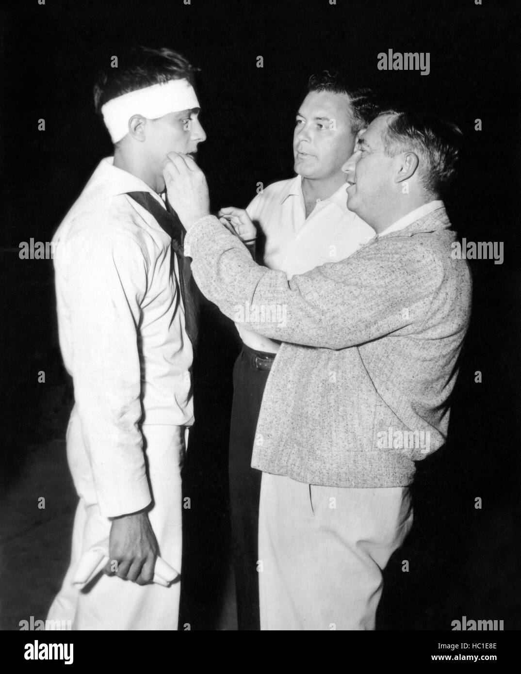 MISTER ROBERTS, from left, Perry Lopez, makeup artist Dan Greenway, co ...