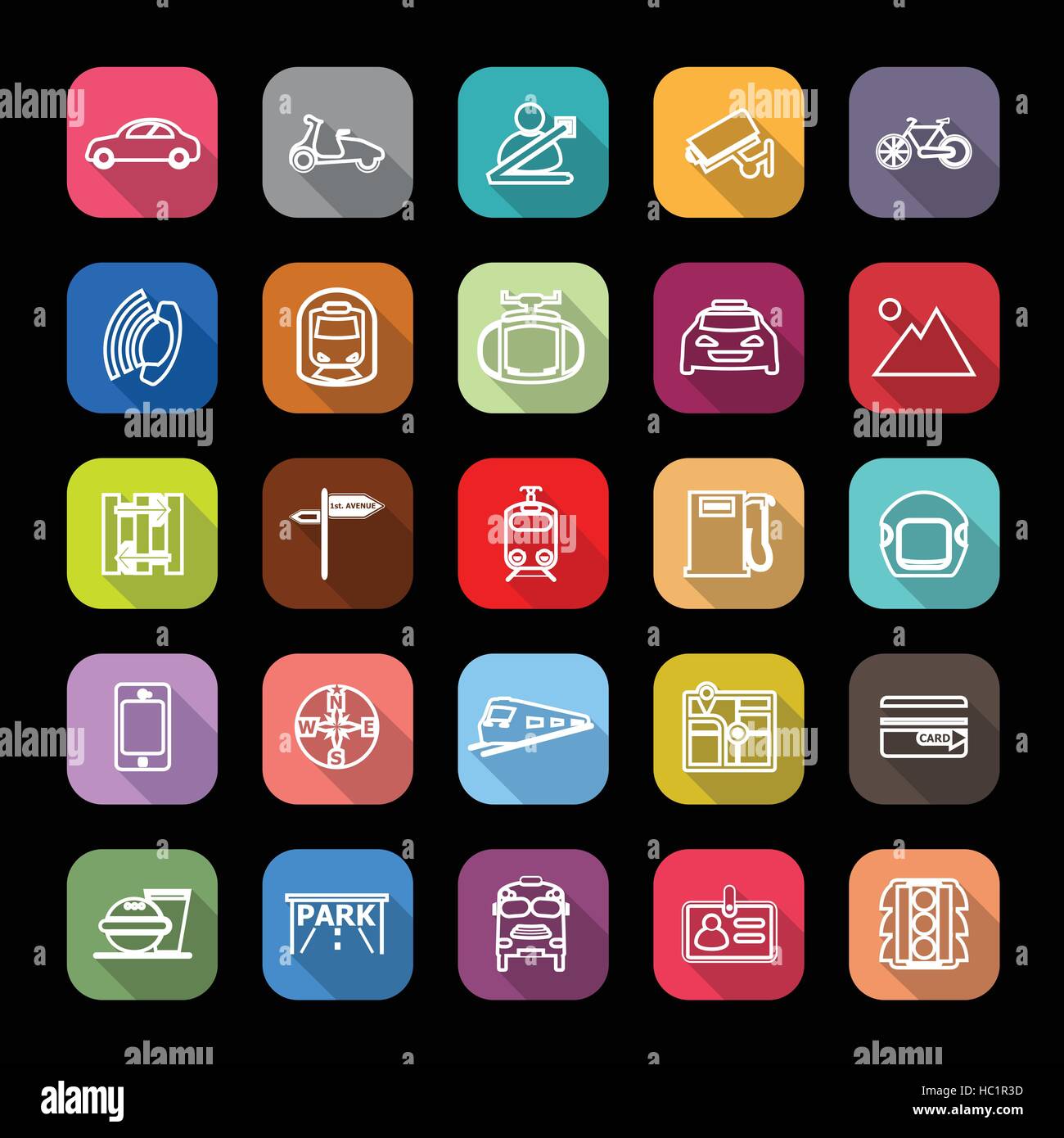 Land transport related line icons with long shadow, stock vector Stock ...