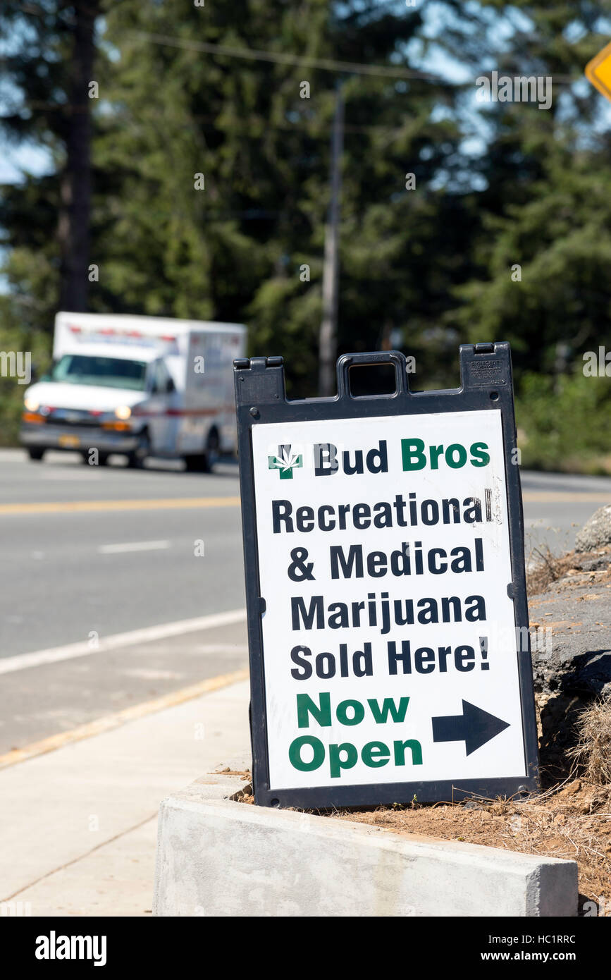 Marijuana dispensary sign on Highway 101 in Brookings, Oregon Stock ...
