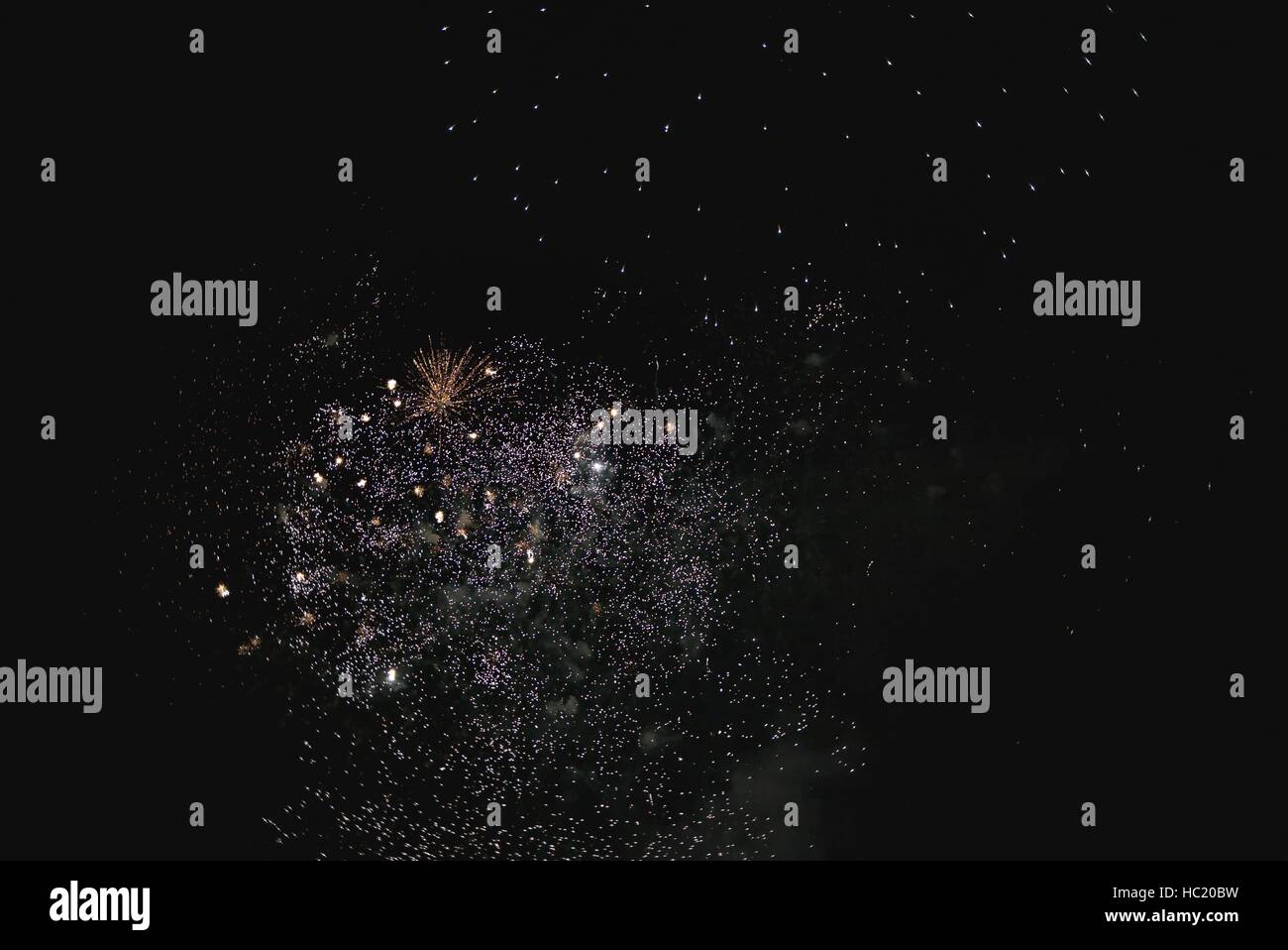 Shiny natural fireworks on dark sky background with little smoke Stock ...
