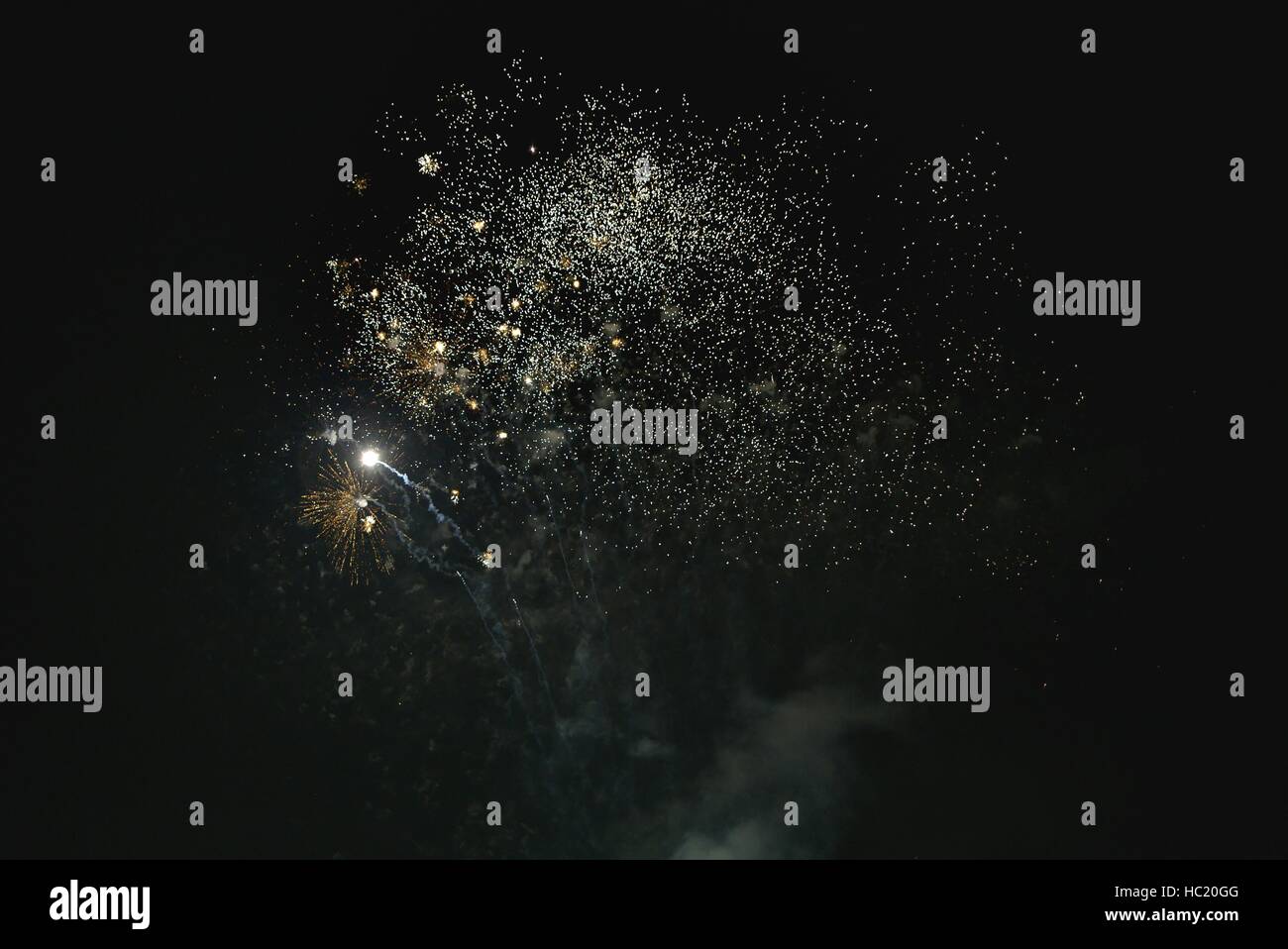 Shiny natural fireworks on dark sky background with little smoke Stock ...