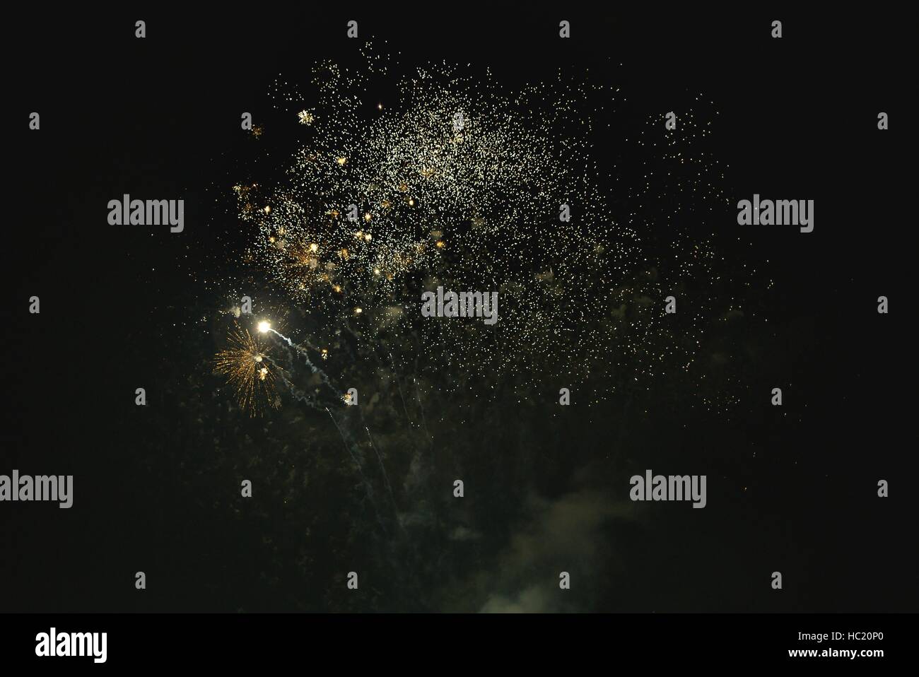 Shiny natural fireworks on dark sky background with little smoke Stock ...