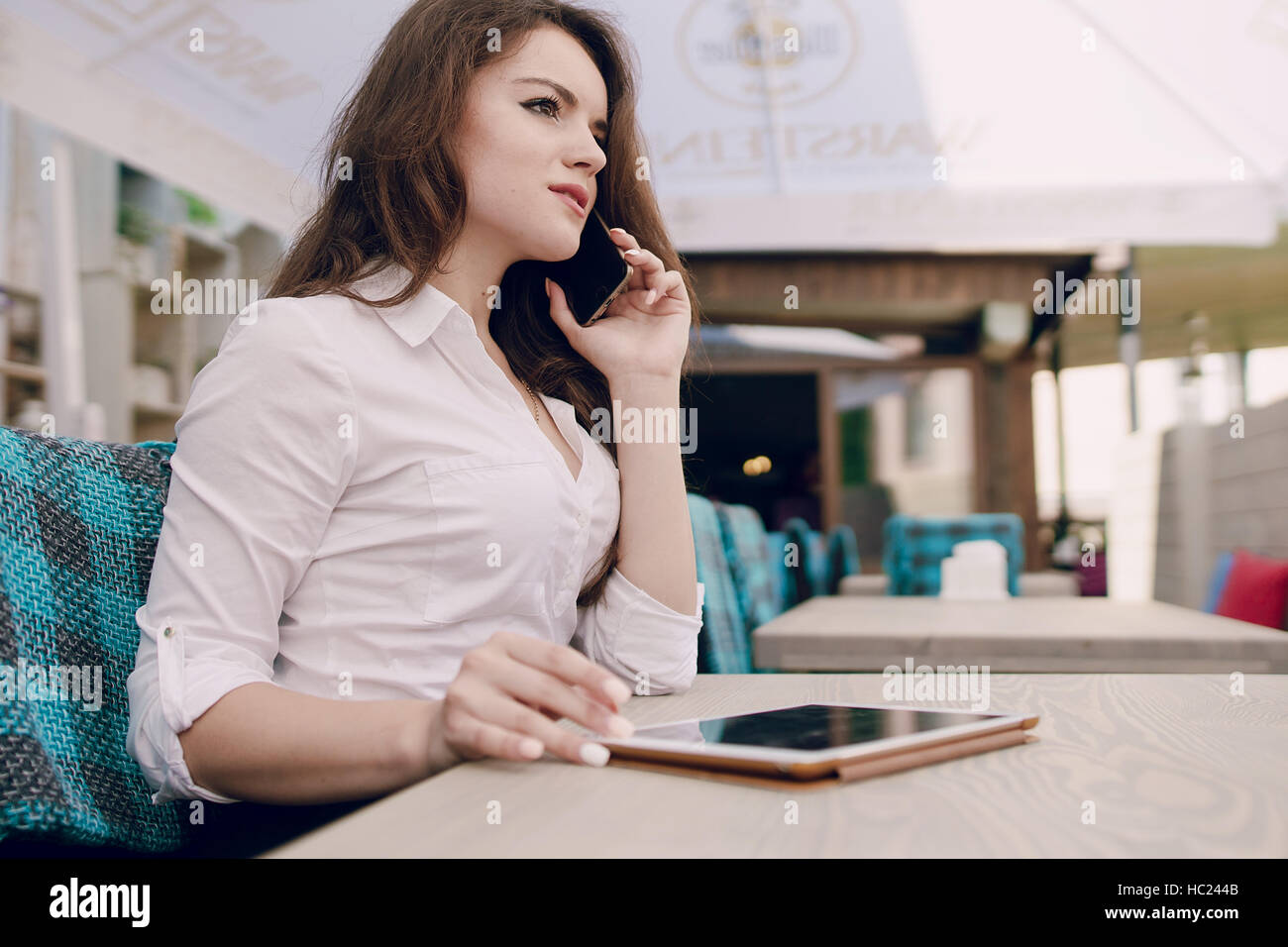business woman enjoys gadgets Stock Photo - Alamy