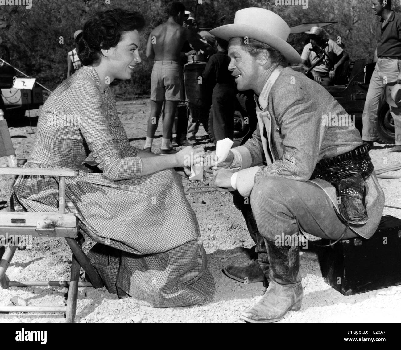 THE MARAUDERS, from left: Jarma Lewis, Dan Duryea, on location, 1955 ...