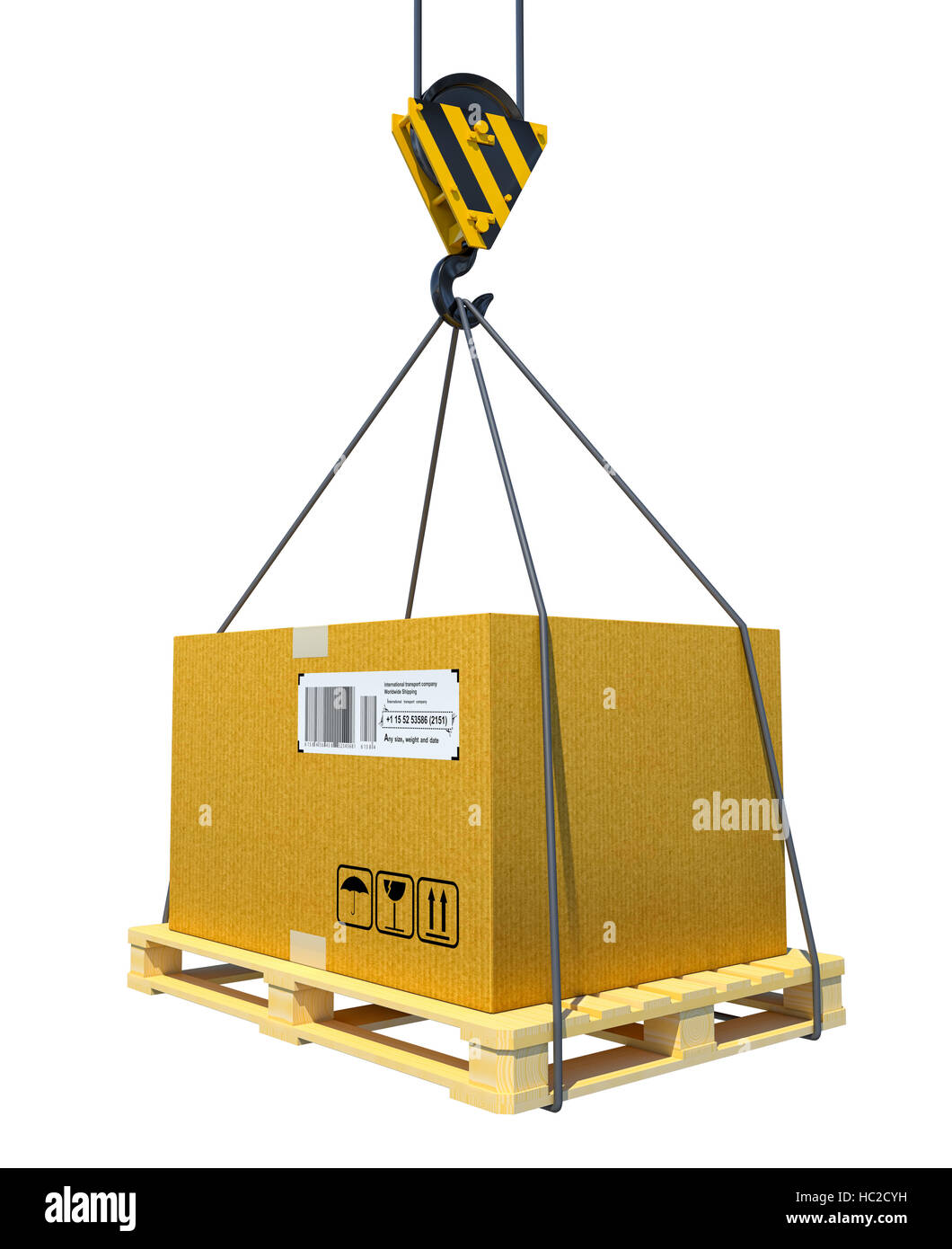 Pallet with cardboard lifted by crane Stock Photo - Alamy