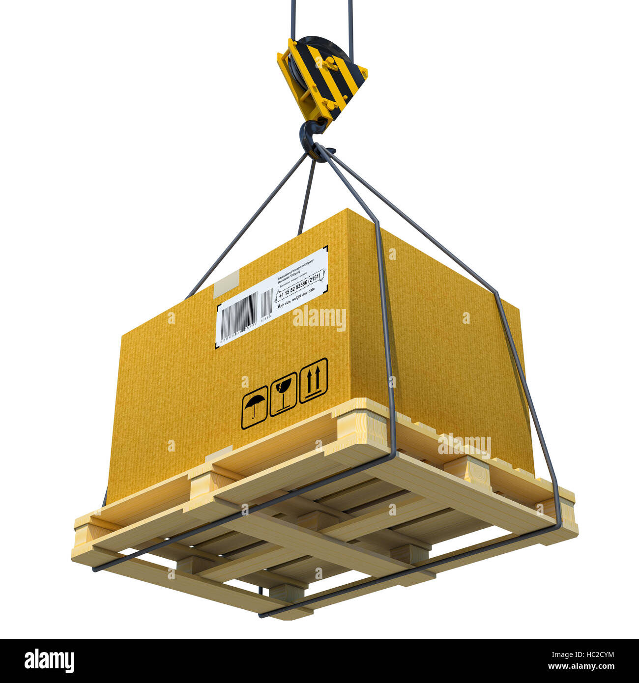 Pallet with cardboard lifted by crane Stock Photo - Alamy