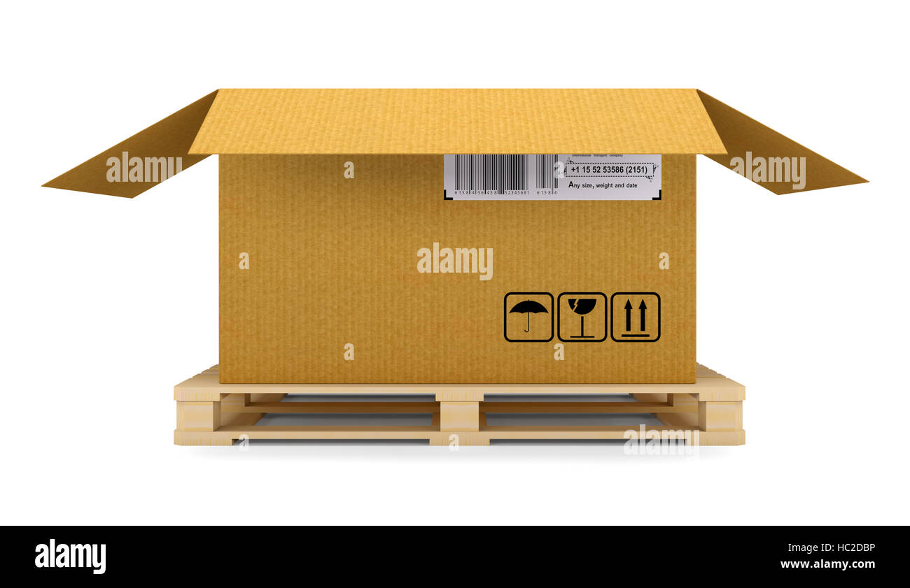 Opened cardboard box on wooden pallete Stock Photo - Alamy