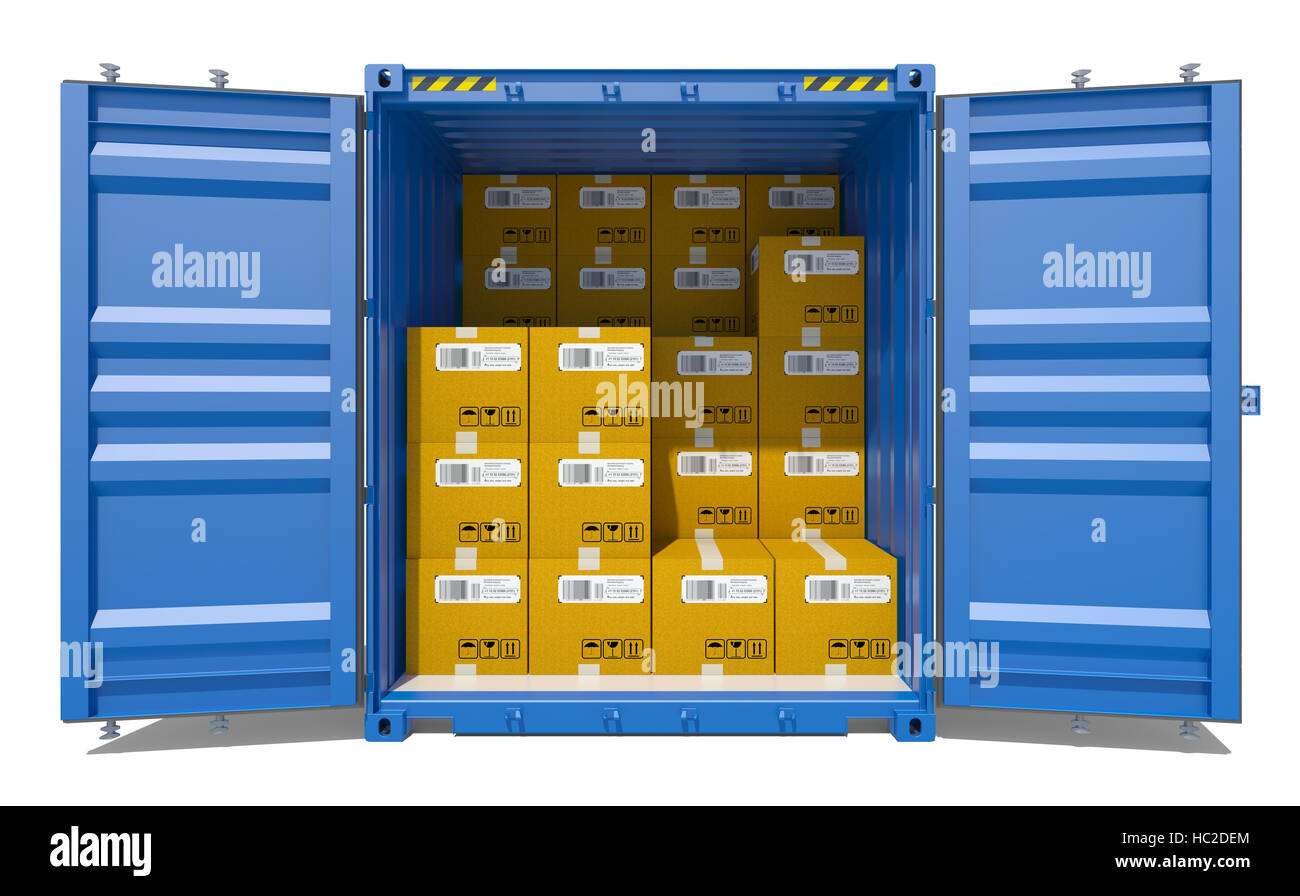 Open shipping container with cardboard boxes Stock Photo - Alamy