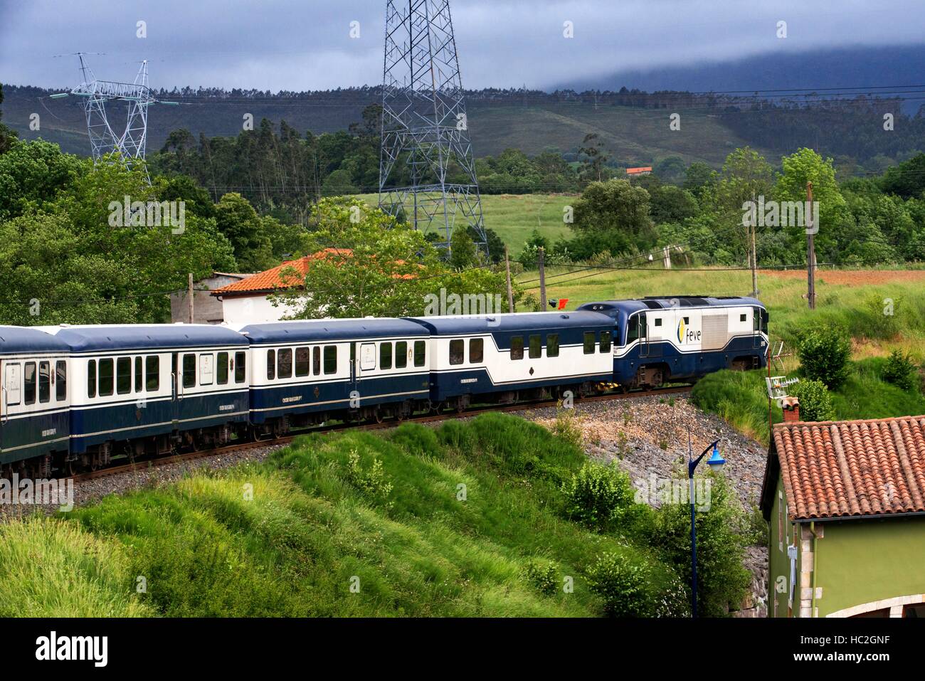 Outside of Transcantabrico Gran Lujo luxury train travellong across ...