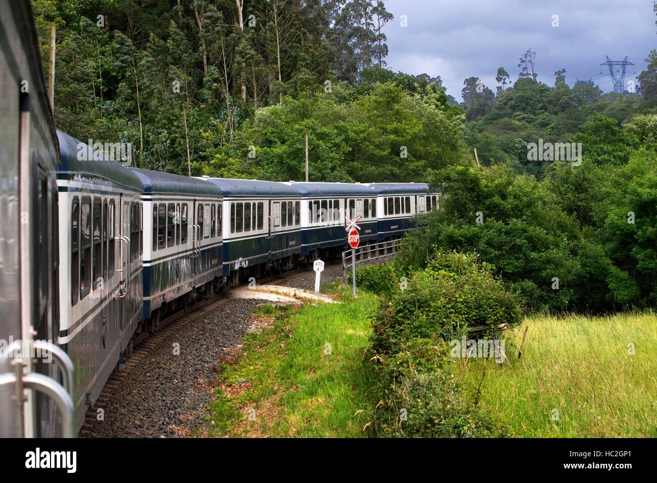 Outside of Transcantabrico Gran Lujo luxury train travellong across ...