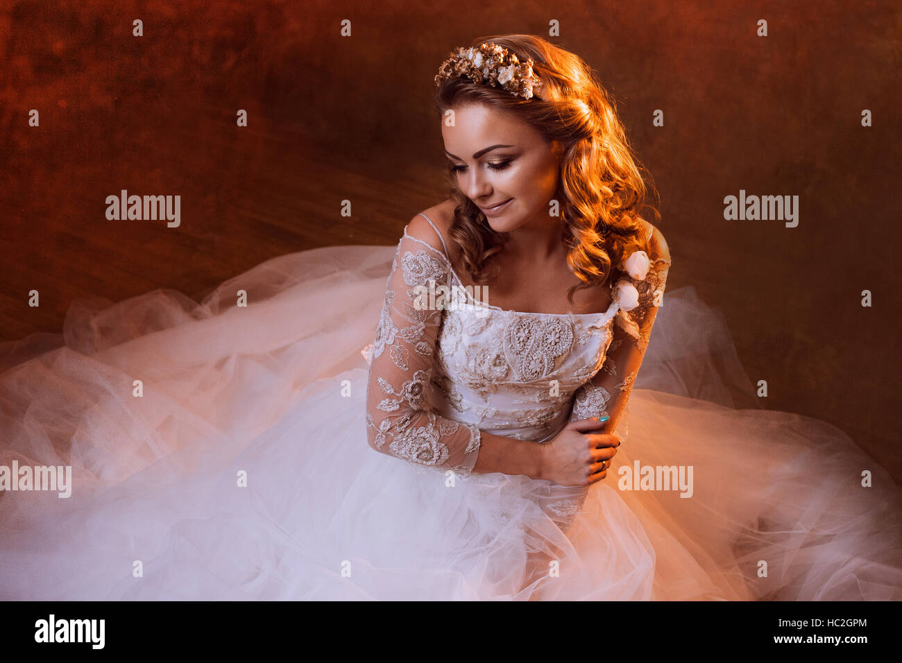 Beautiful girl bride in luxurious wedding dress, portrait in Golden ...