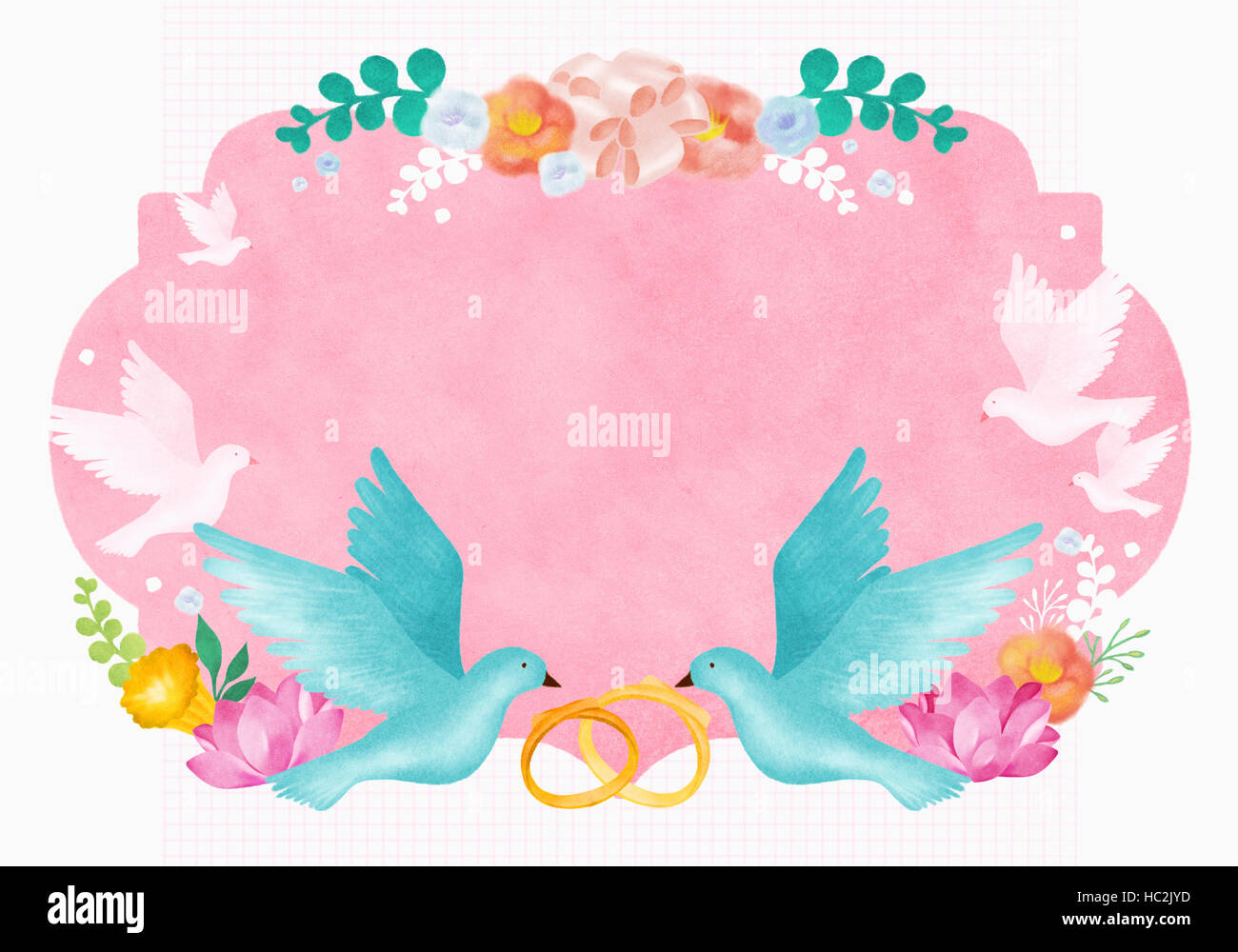 Background of wedding with birds, rings and flowers Stock Photo - Alamy