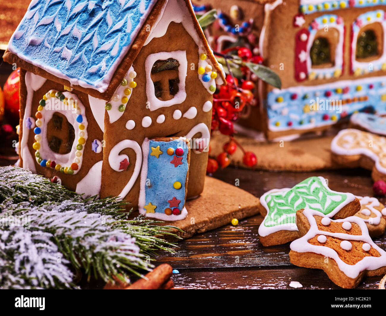 Gingerbread house with blue glaze Stock Photo - Alamy