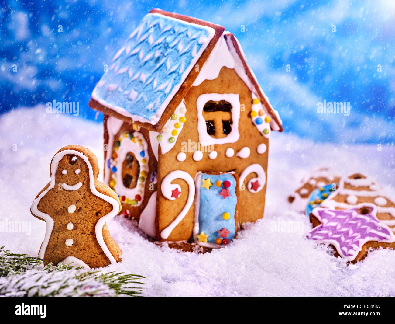 Christmas gingerbread man close up outside of cookie house Stock Photo ...