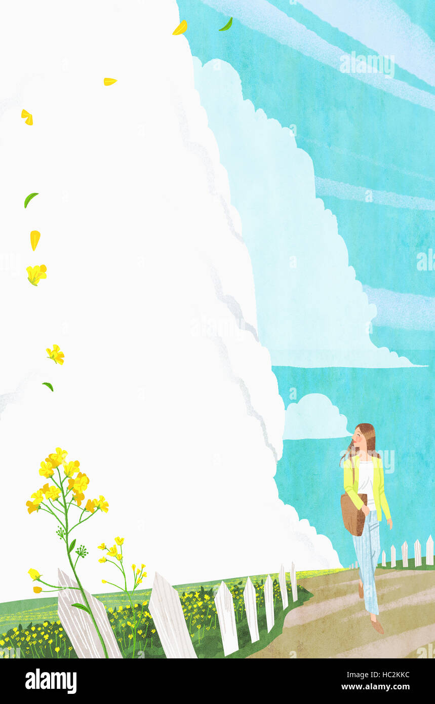 Background of spring with woman walking on road Stock Photo - Alamy