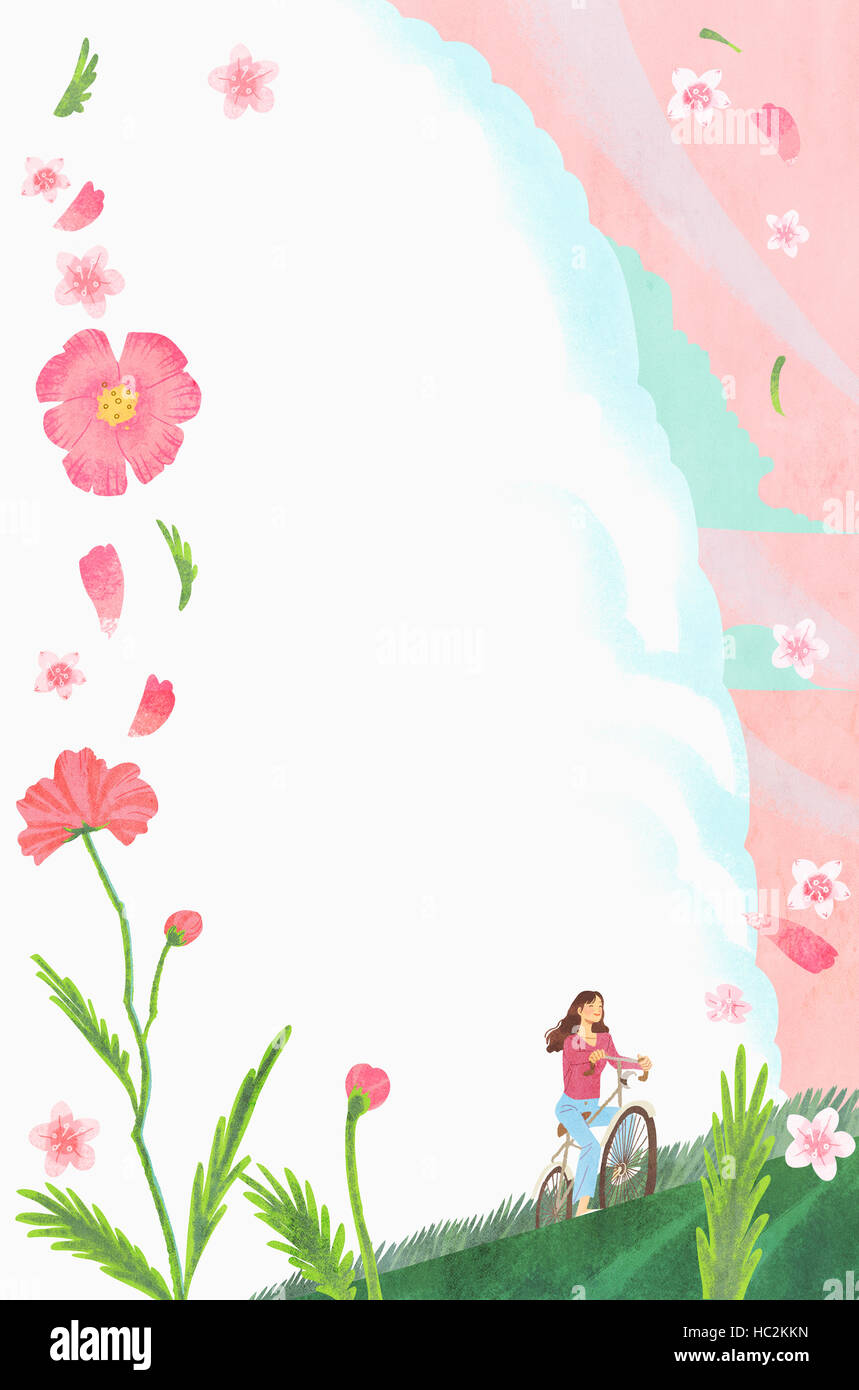 Background of spring with woman riding bicycle Stock Photo - Alamy