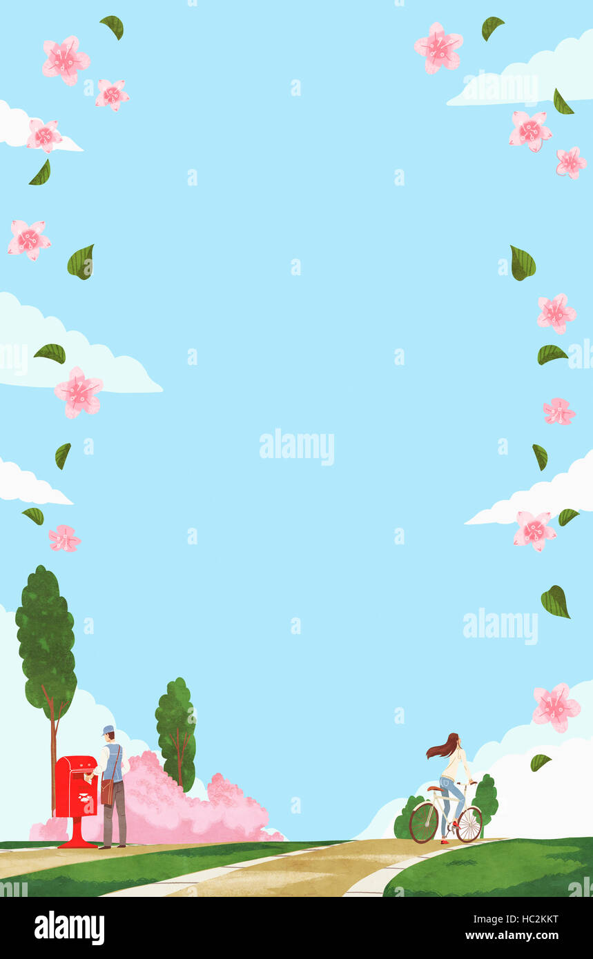 Background of spring with postman and woman riding bicycle Stock Photo ...